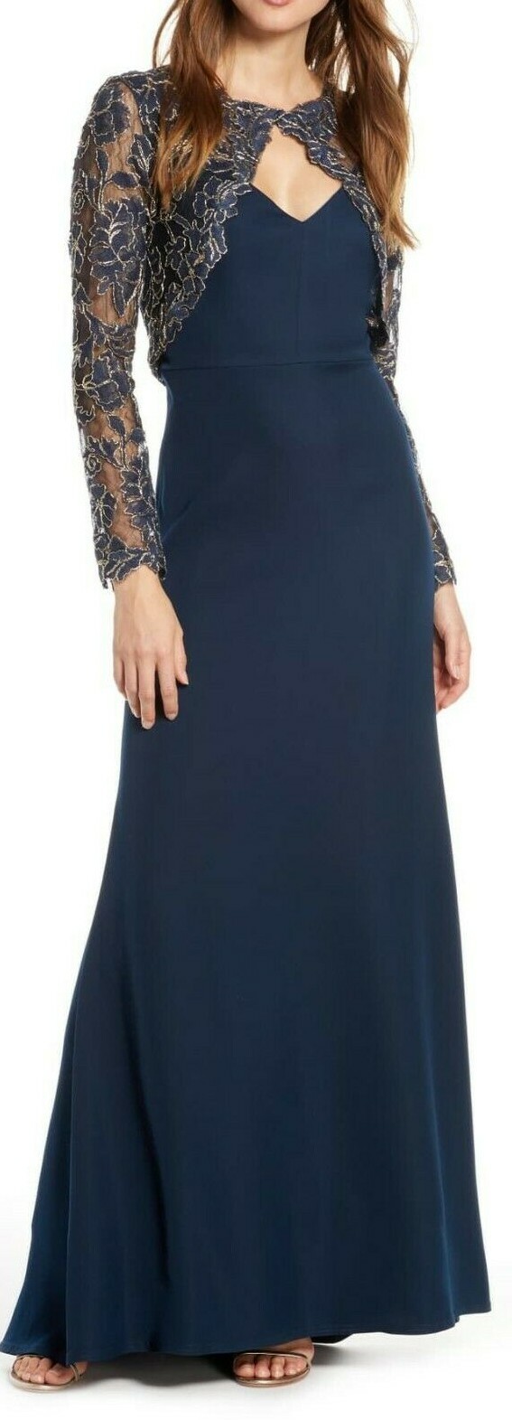 Tadashi Shoji Darya Crepe Tulle Lace Starry Night Navy Gold Dress Gown ...