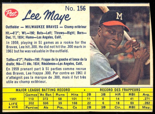 1962 POST CANADIAN BASEBALL #156 LEE MAYE EX-NM ATLANTA MILWUKEE BRAVES ...