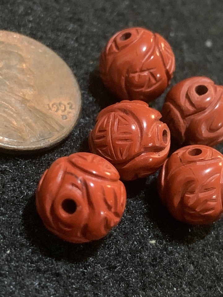 One Vintage Carved Chinese Bead Natural Red Jasper Double Shou Design ...