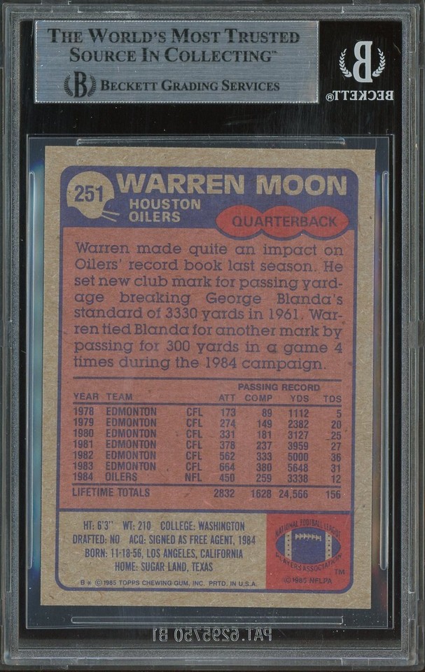 1985 Topps Football #251 Warren Moon Houston Oilers RC Rookie HOF BGS 8 ...