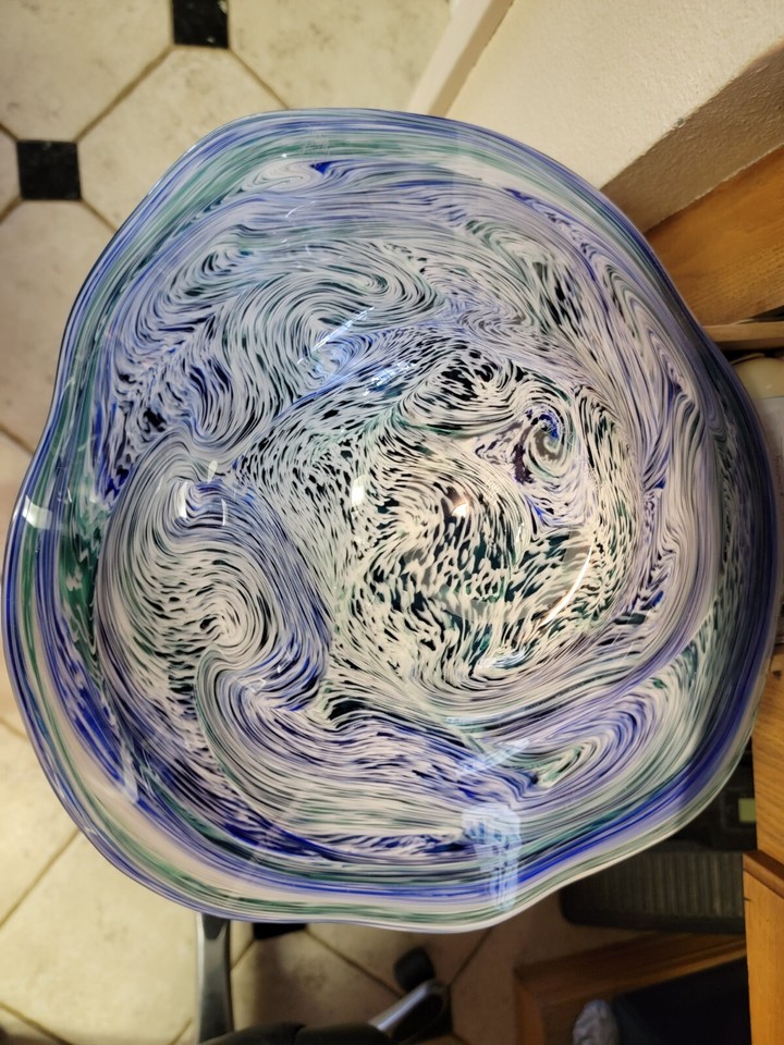 BEAUTIFUL HUGE 17.5"D FLAIR Rim Glass Murano CENTERPIECE Bowl COPPER ...