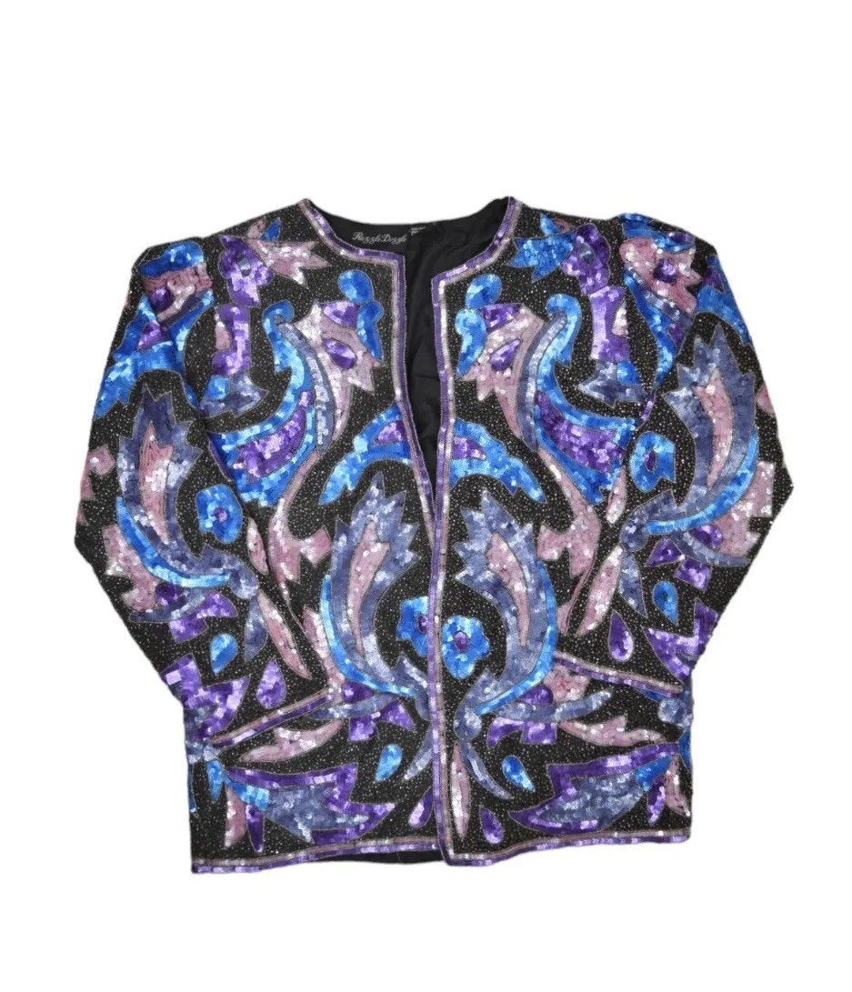 Vintage Razzle Dazzle Sequin Jacket Womens XL Silk Op… - Gem