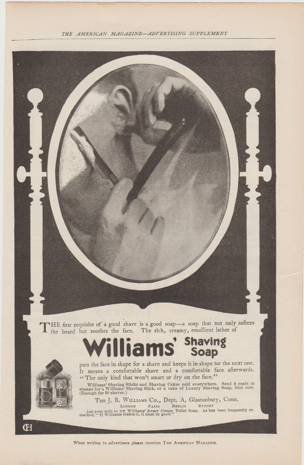 ANTIQUE WILLIAMS SHAVING SOAP 1907 PRINT AD STRAIGHT RAZOR BLADE MAN IN ...