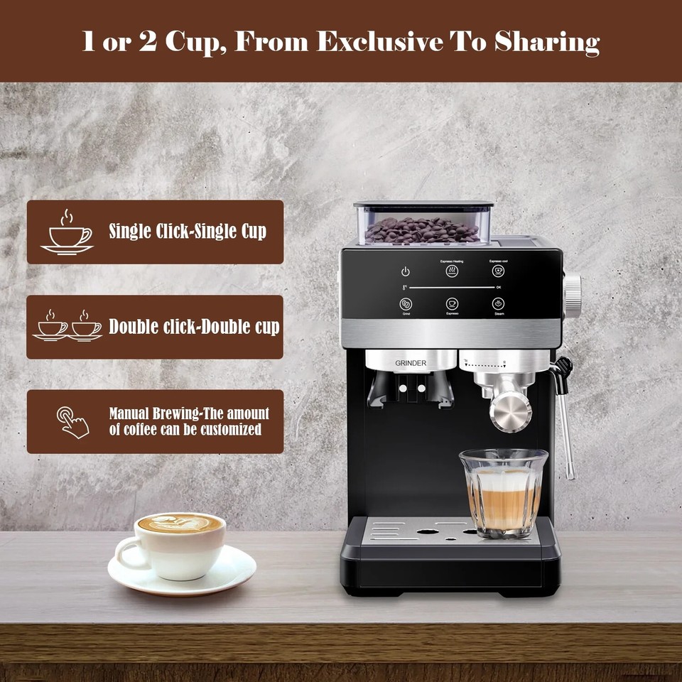 Bluebow Espresso Machine W/ Grinder, 20Bar Semi-Automatic Coffee Maker ...
