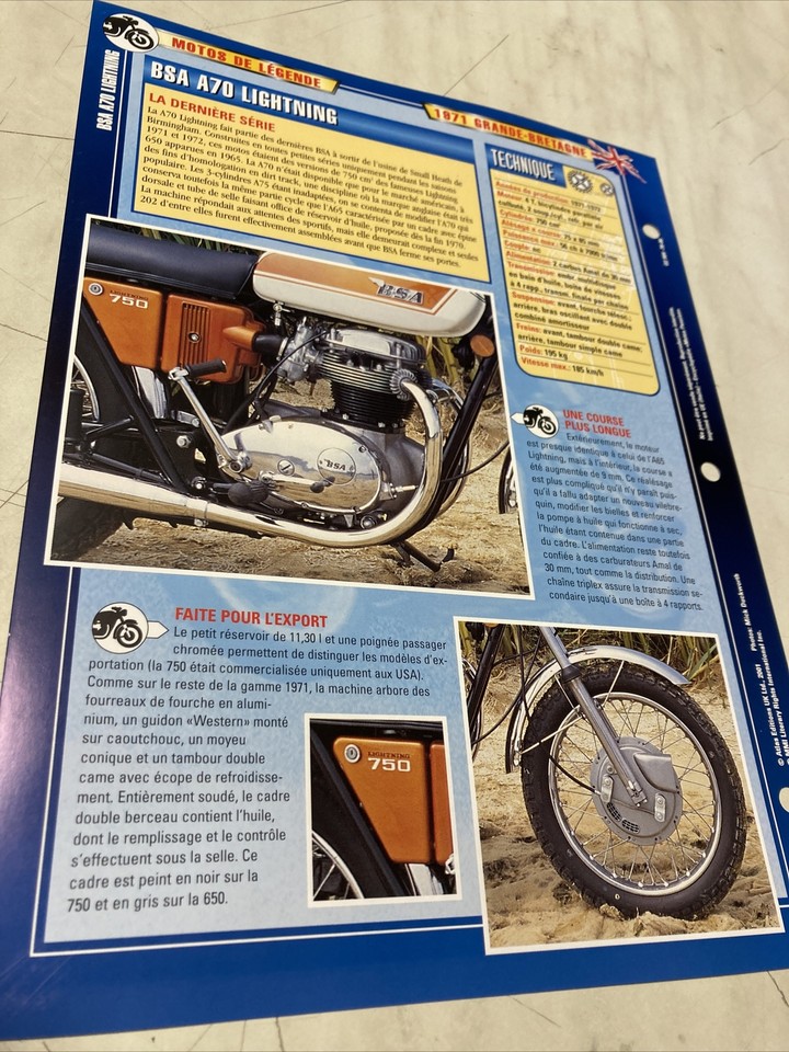 BSA 750 A70 Lightning 1971 Form Card Motorbike Passion Collection Atlas ...