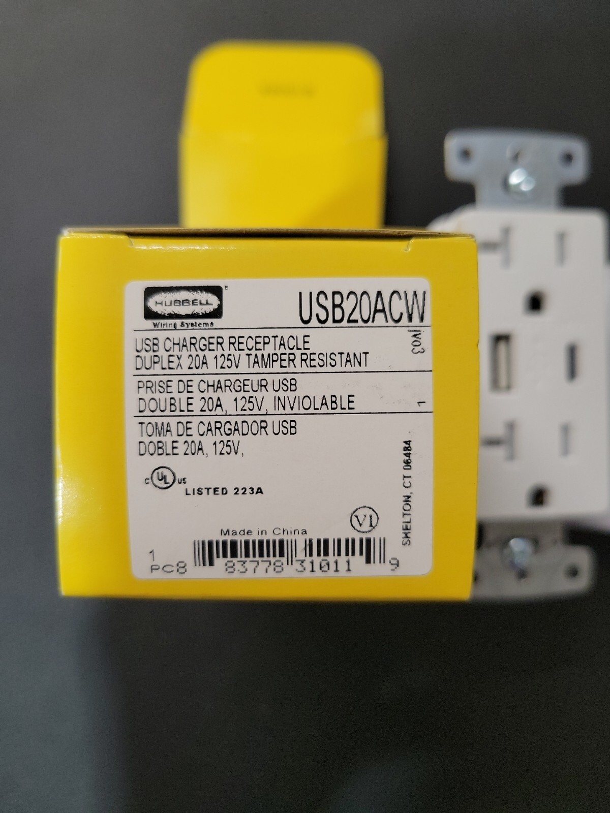 HUBBELL USB20ACW USB CHARGER RECEPTACLE DUPLEX 20A 3.1A - 5V USB PORT ...