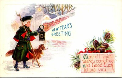 c1910 Colonial Lantern Boy & Dog Happy New Year Poem Vintage Greeting ...