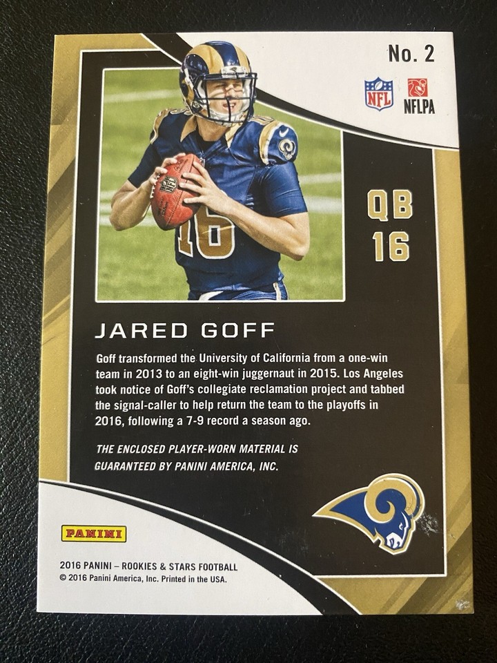2016 Panini Rookies & Stars JARED GOFF Prime Cuts Patch Jersey Rookie ...