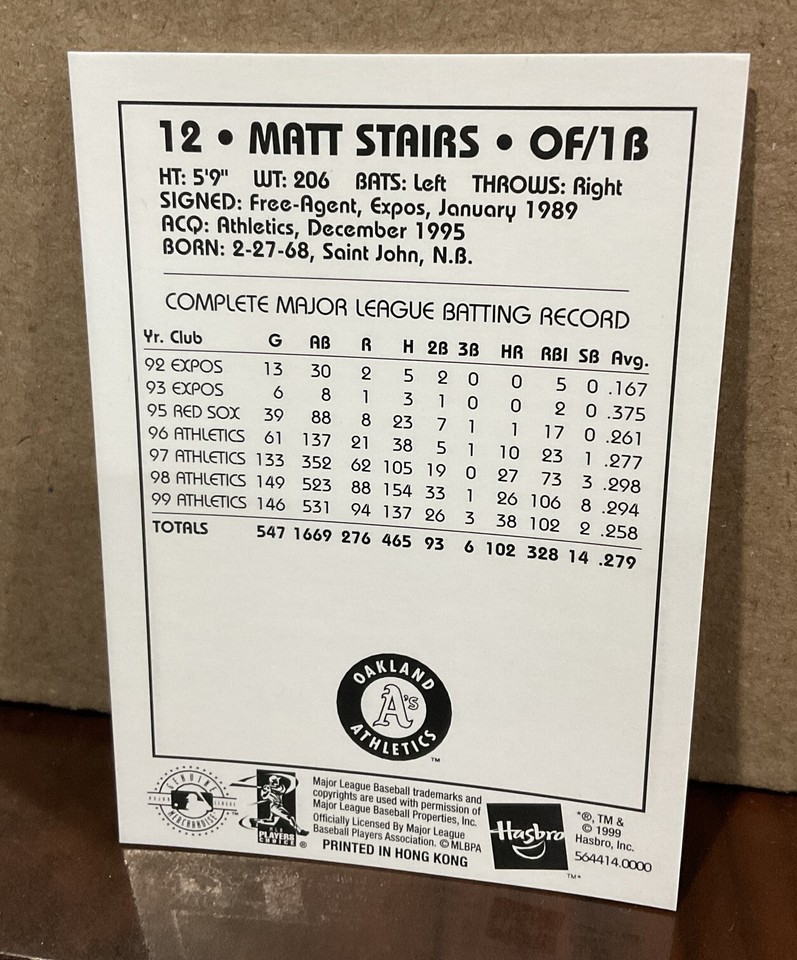 MATT STAIRS 2000 KENNER STARTING LINEUP CARD - OAKLAND ATHLETICS | eBay