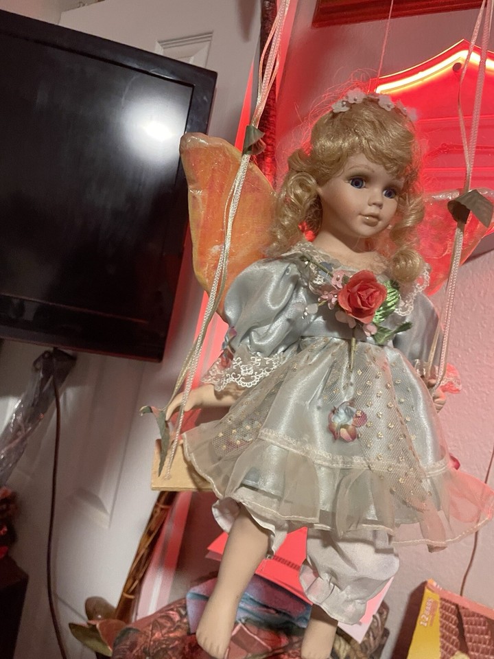 Emerald Doll Collection Vintage Porcelain Angel Doll on Wooden Swing | eBay