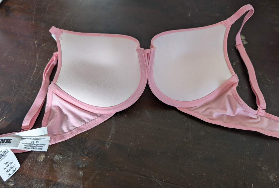 VS PINK push up bra BRAND NEW size 34C pink/white hearts all over READ ...