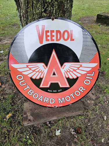 VINTAGE VEEDOL OUTBOARD PORCELAIN ENAMEL SIGN 30 INCHES ROUND ...