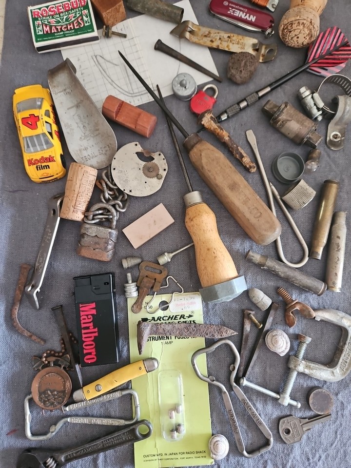Antique Vintage Mens Junk drawer lot Widgets Knives Lighter Beer Tools ...