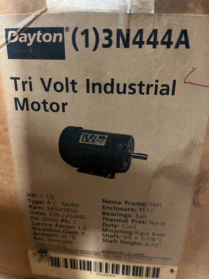 DAYTON 3N444A- 1-1/2HP, 3450/2850RPM, 208-220/440V, 3PH, TEFC, 56H ...