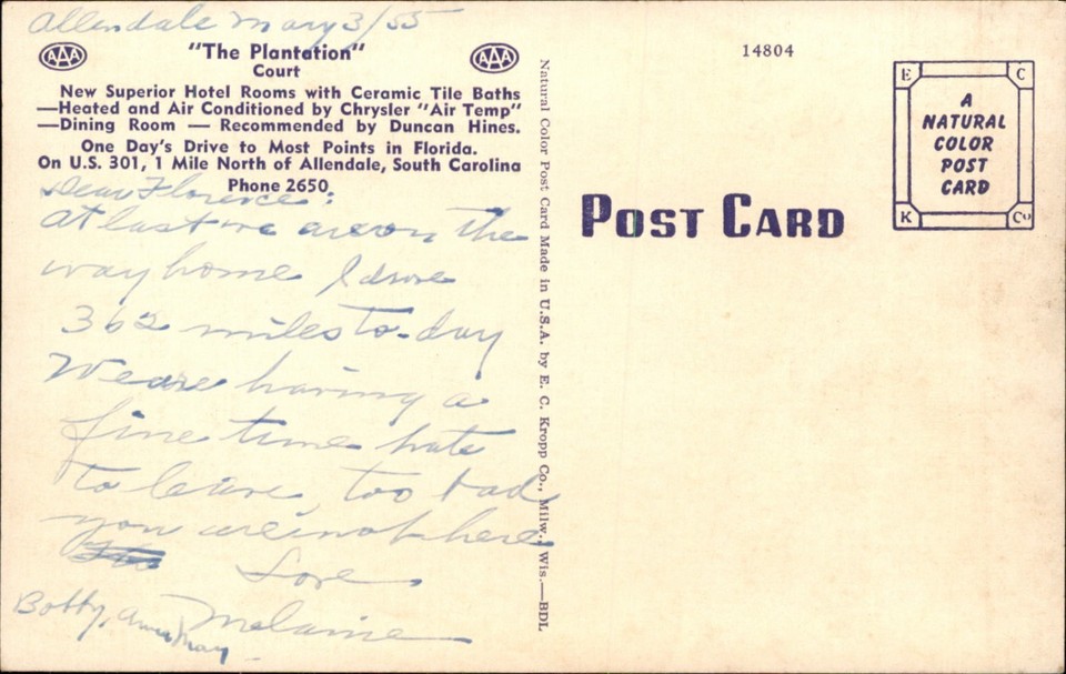 The Plantation Court Allendale South Carolina vintage postcard m161 | eBay
