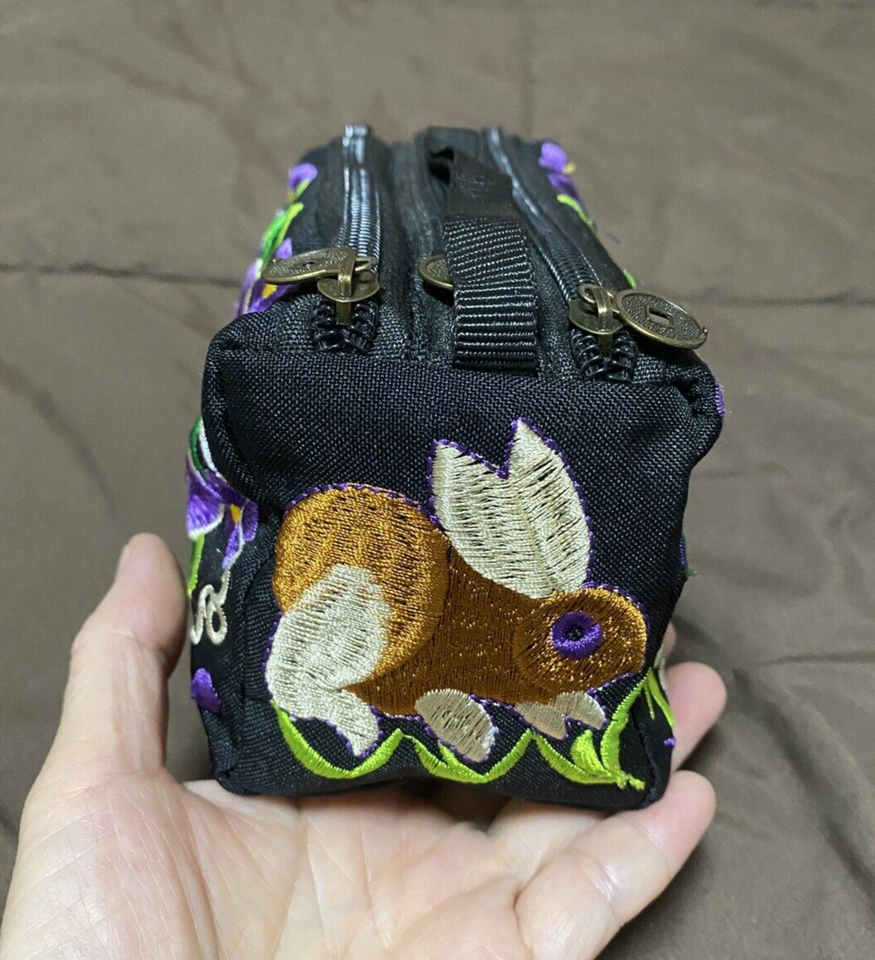 Embroidered 3 Zip Pockets - Black Canvas Purple Floral - Makeup ...