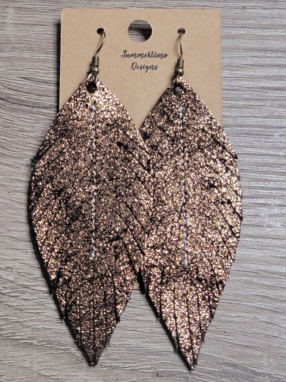 Handmade GENUINE Leather Feather Earrings Black and Rosegold Crackle ...