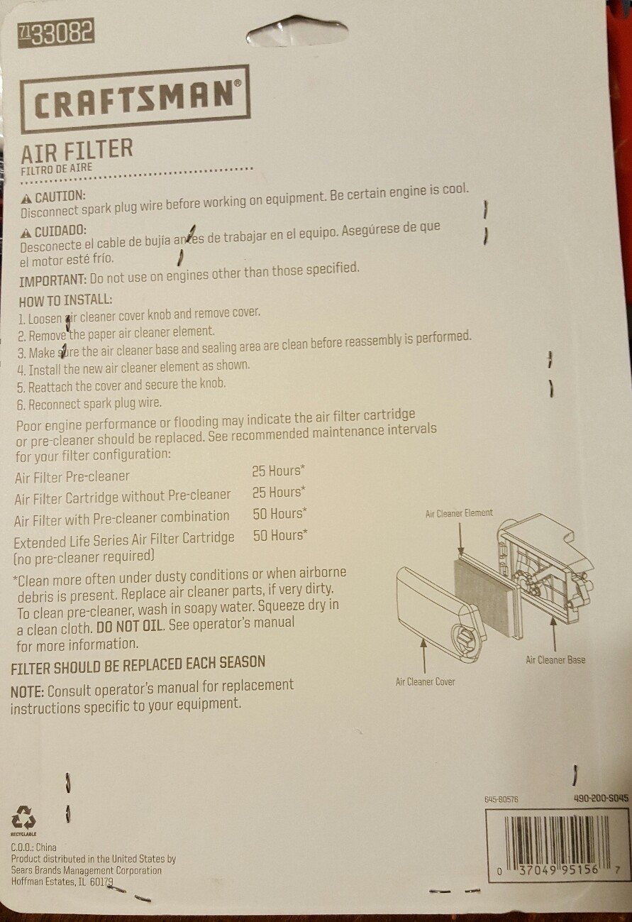 Craftsman 33082 Air Filter. Fits Kohler XT Series. Replaces Manf ...