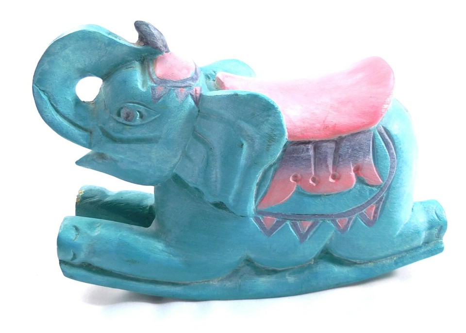 Baby Boy Blue Wood Rocking Elephant Figurine Statue Vintage Handmade ...