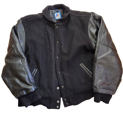Vtg Jacket Black BOMBER Letterman Varsity Snap Wool Leather USA Rennoc ...