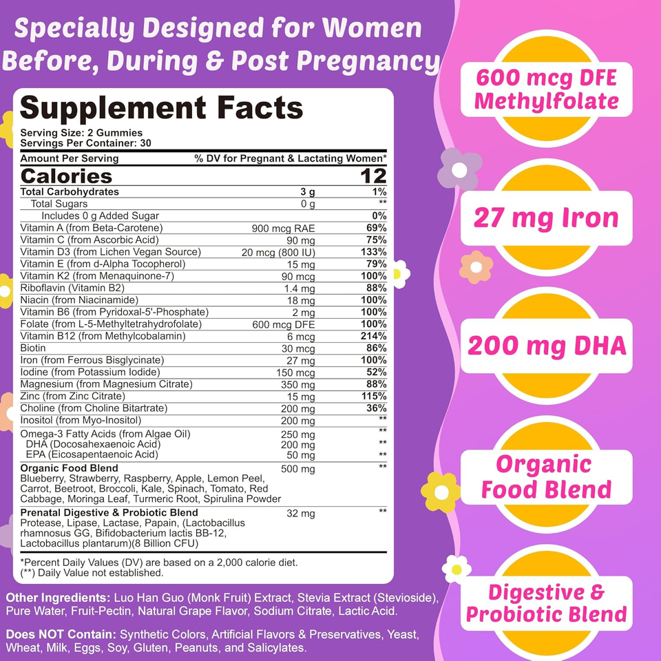 Prenatal Vitamins for Women with Methylfolate, Vegan Omega-3 DHA ...