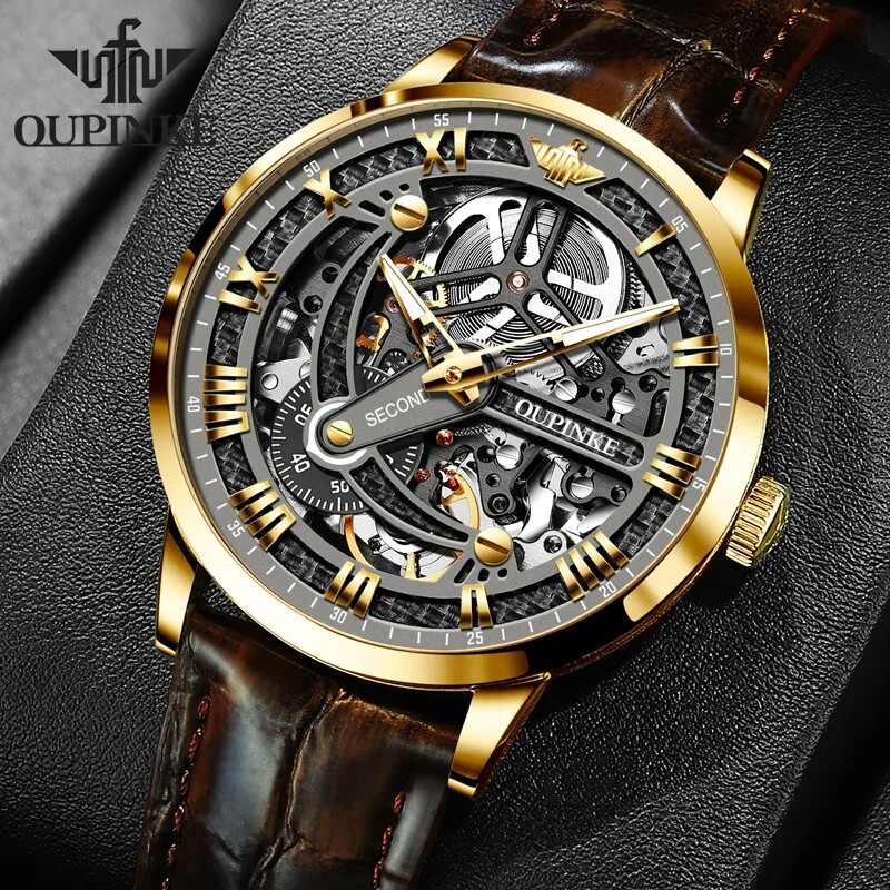Automatic Waterproof Mechanical Watch Men's Leather Luxury Skeleton Men ...