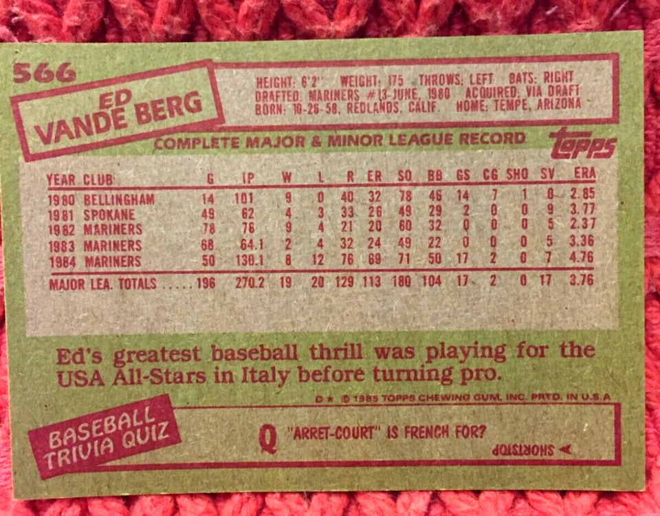 Mariners Ed Vande Berg #566 MLB Vintage Baseball Card Ships Free | eBay