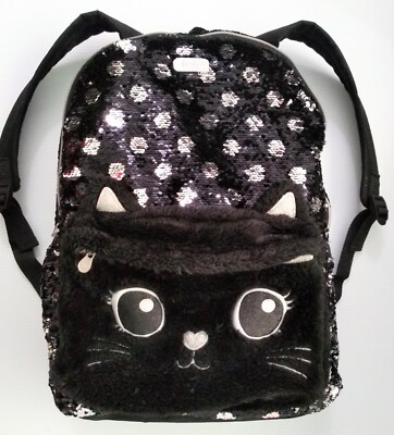 Justice Girls Plush Cat Black/Silver Sequin Full Size Backpack School ...