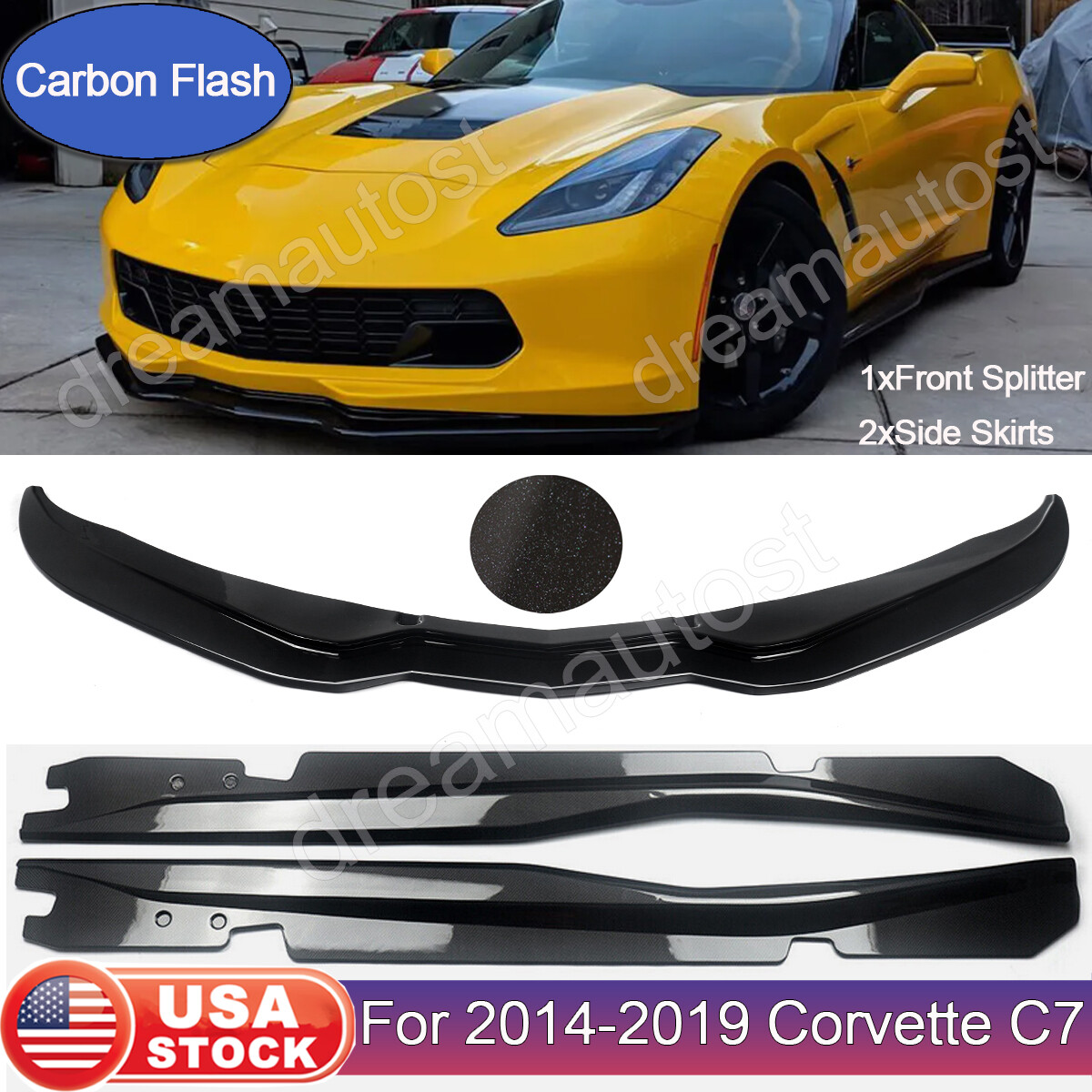 Painted Carbon Flash Front Splitter Lip W/ Side Skirts For 2014-2019 ...