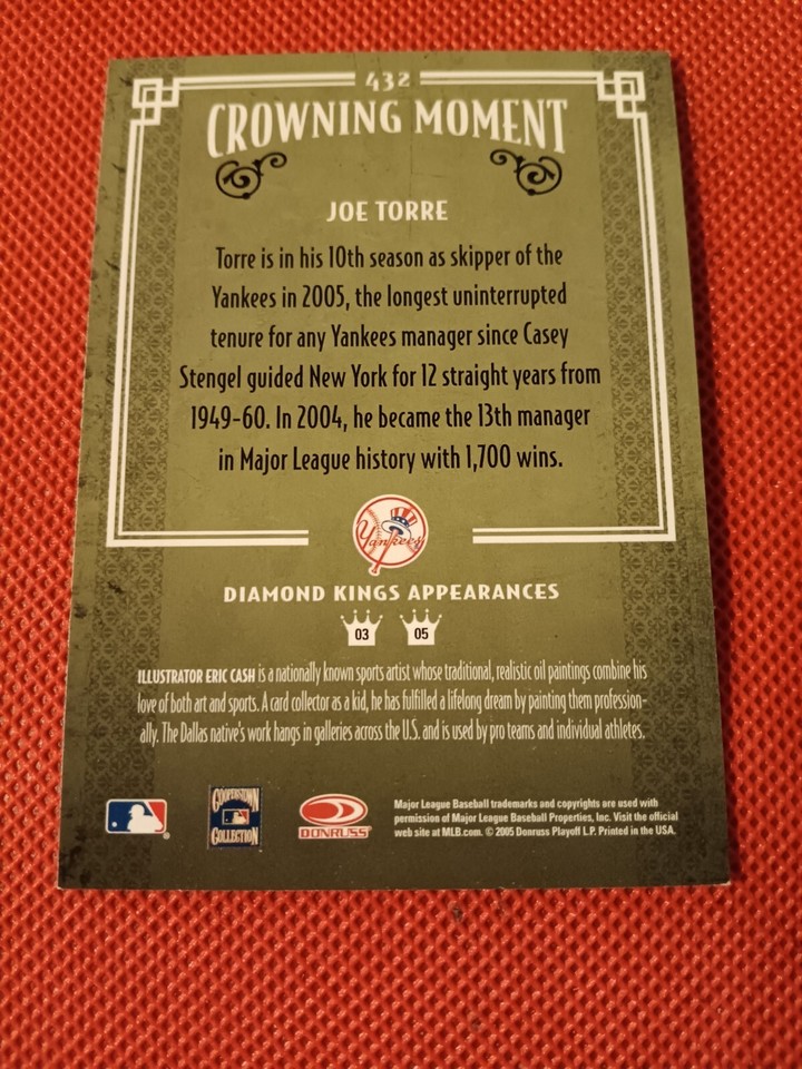 2005 JOE TORRE DIAMOND KINGS LEGEND MANAGER CARD #432 NEW YORK NY ...