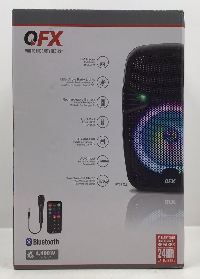 QFX 8” Rechargeable Bluetooth Speaker With LED Circle Party Lights ...