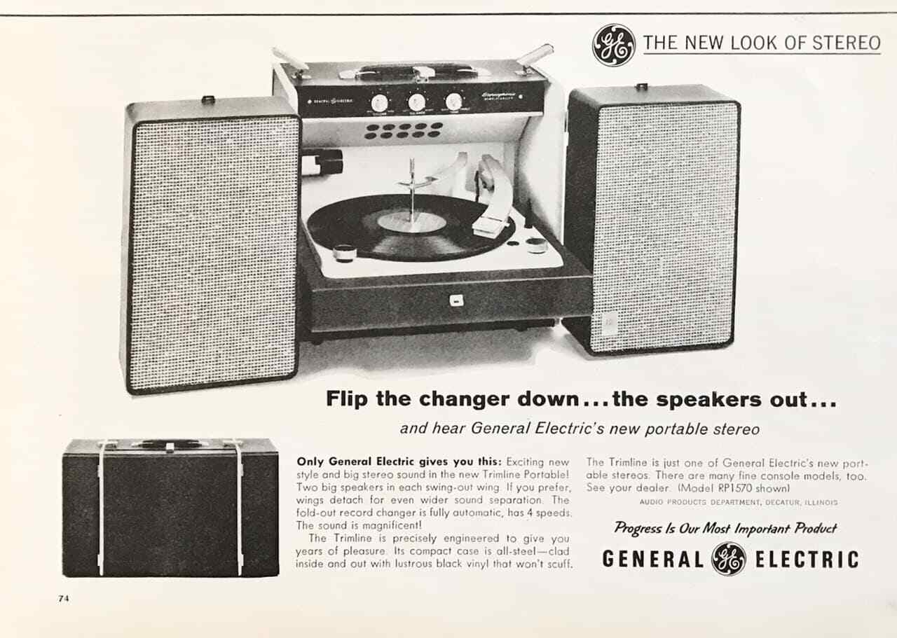 1962 General Electric Trimline Portable Stereo PRINT AD Changr Down ...