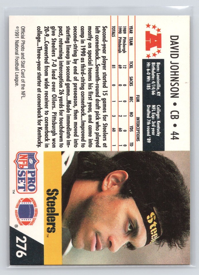 1991 Pro Set #276 David Johnson Rookie RC Steelers - NmMt or better | eBay