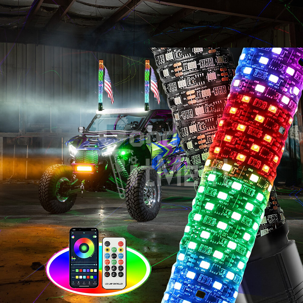 3FT Fat LED Whip Lights RGB Spiral Chasing Light Flag Pole Antenna For ...