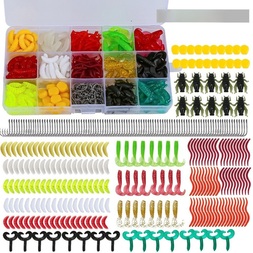 330pcs Soft Fishing Bait Set with 15 Grid Portable Tackle Box for Bass ...