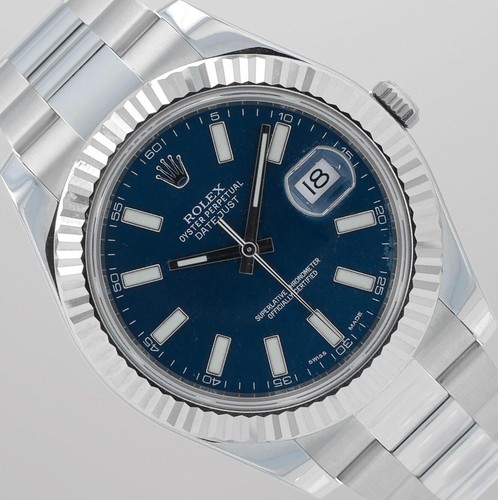 Rolex Datejust 41 Steel Blue Index Dial Fluted Bezel Oyster Band Watch ...