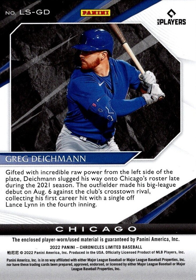 Greg Deichmann Cubs 2022 Panini Chronicles Limited Swatches RC Card #LS ...