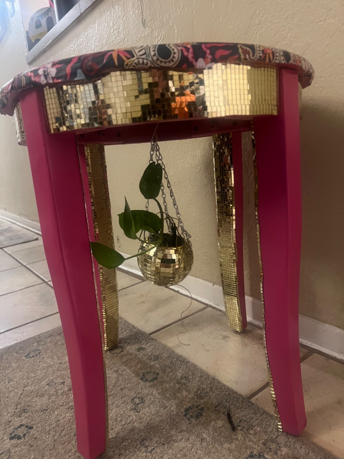 Side table with hanging plant holder disco pieces and tiger ...