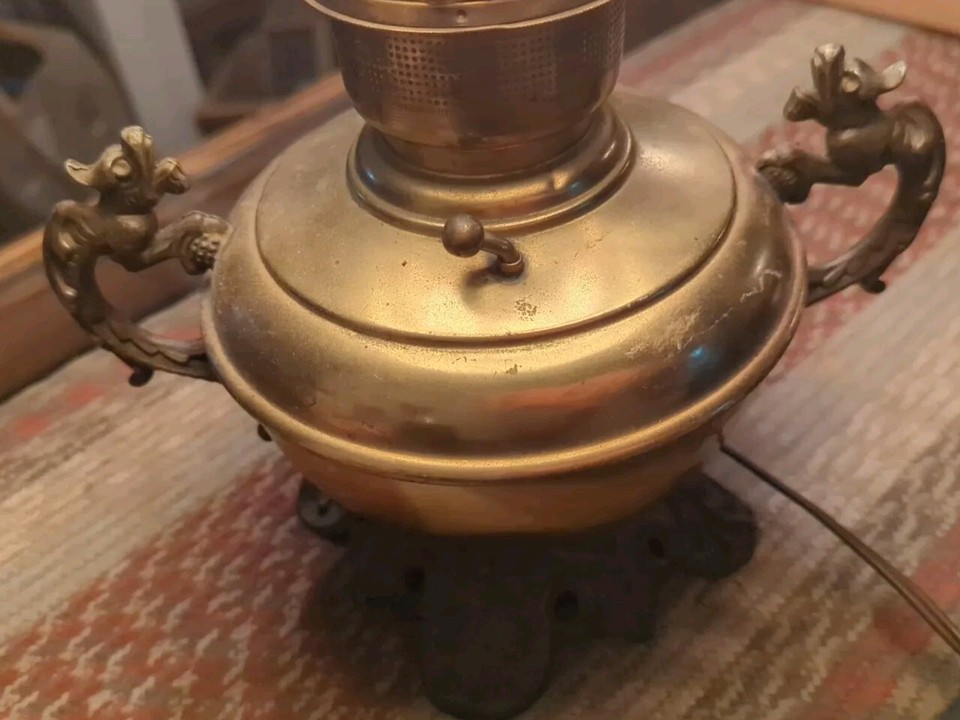 Vintage Electric Brass Hurricane Lamp Chimney Milk Glass Shade & Dragon ...