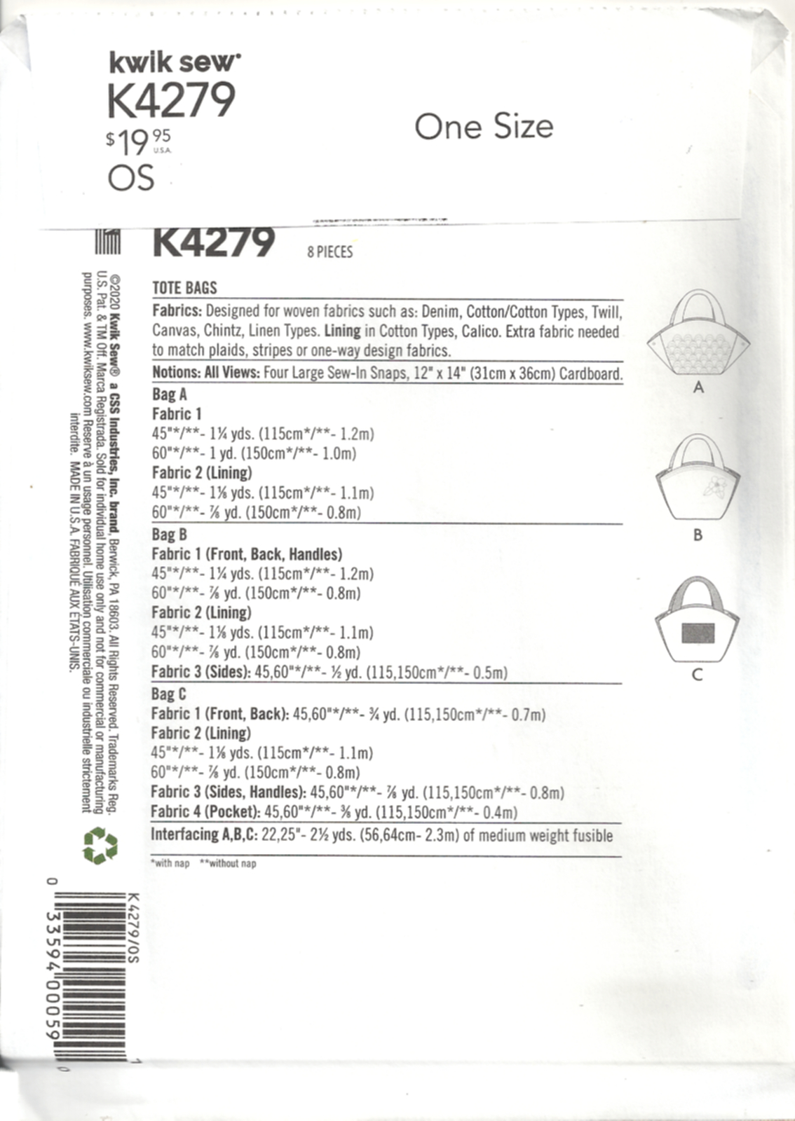 Kwik Sew K4279 Tote Bags Sewing Pattern for sale online | eBay