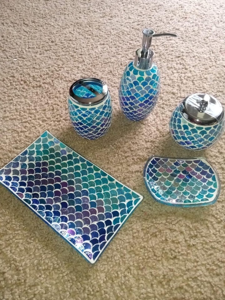 Mosaic Glass Bathroom Accessories Soap Dispenser/Dish Jar Ocean Mermaid ...