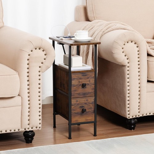 Rustic Slim Bedside Table with Charging Station, 2 Drawers & Open Shelf ...