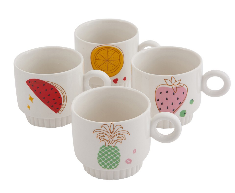 SET OF 4 MUGS CERAMIC STACKABLE MUGS AND STAND DRINKING CUP TEA COFFEE ...