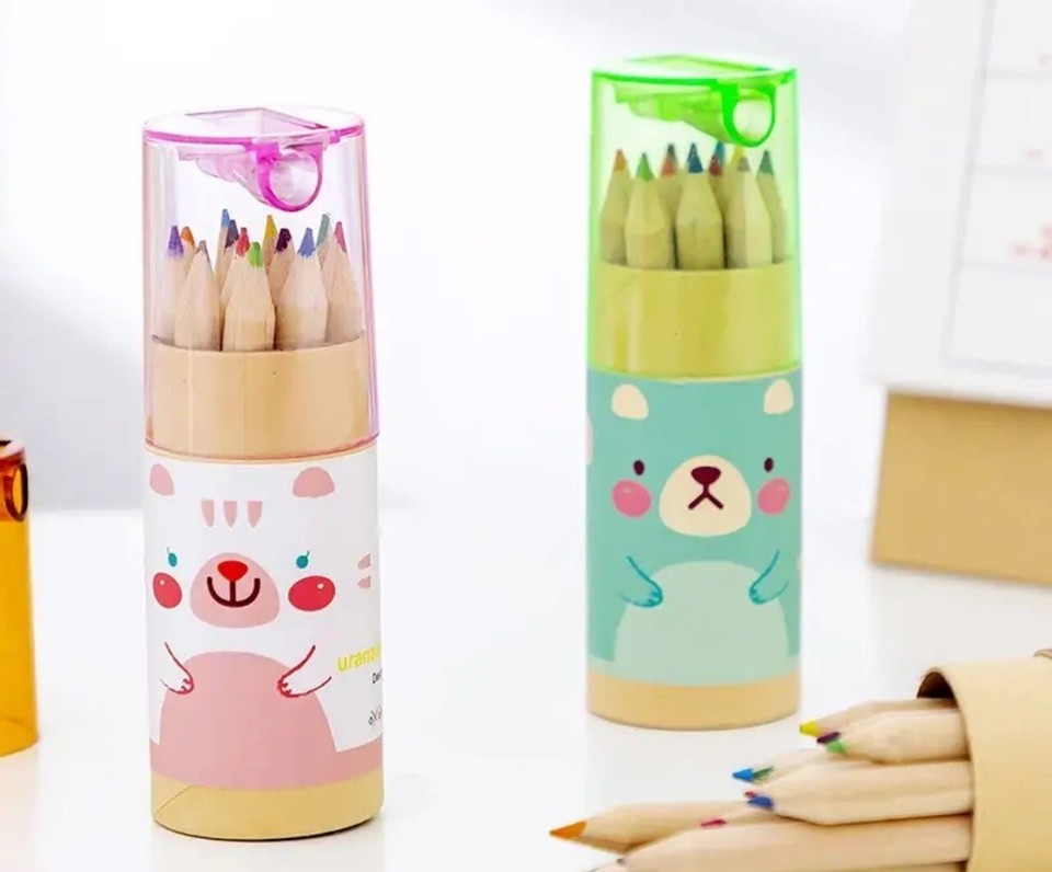 1 New Kids 12 Color Pencil Cute Bear Tube Box Set Includes Built In ...