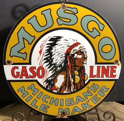 VINTAGE MUSGO GASOLINE PORCELAIN GAS MOTOR OIL MICHIGAN MILE SIGN | eBay