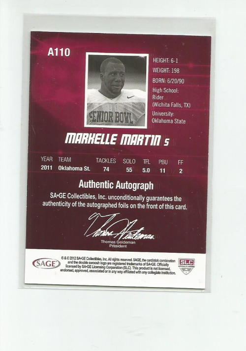 2012 SAGE HIT AUTOGRAPHS SILVER #A110 MARKELLE MARTIN | eBay
