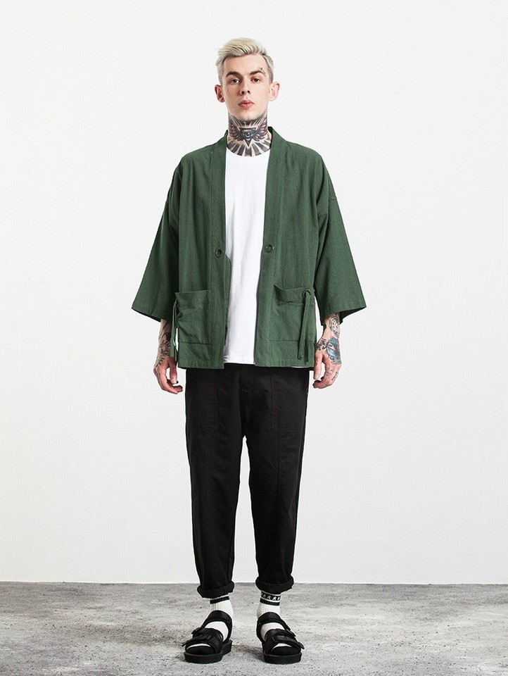 Men Japanese Coat Yukata Kimono Shirt Outerwear Cotton Sleeve Tops ...
