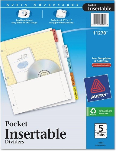Pocket Insertable Dividers 9-1/8x11-1/4in 5 Tab Multicolor Tab White ...