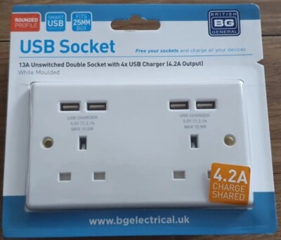 BG Double 2 Gang 4 X USB Ports Charging UN Switched 13A Power Socket 4 ...