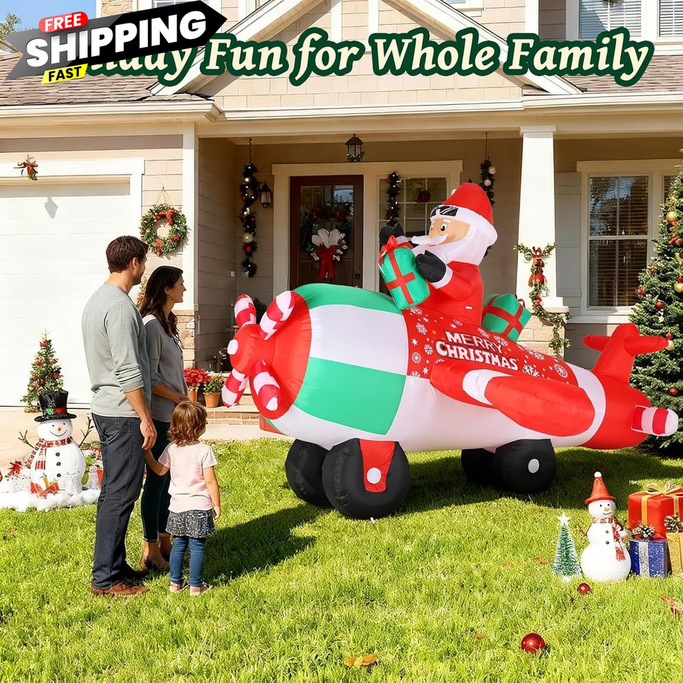 Christmas Inflatables Decorations Outdoor, 9FT Santa Airplane, Blow Up ...